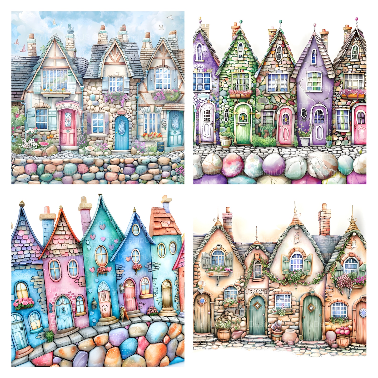 15 Stone Row Houses Clipart, Skinny Houses, Shabby Chic, Printable ...