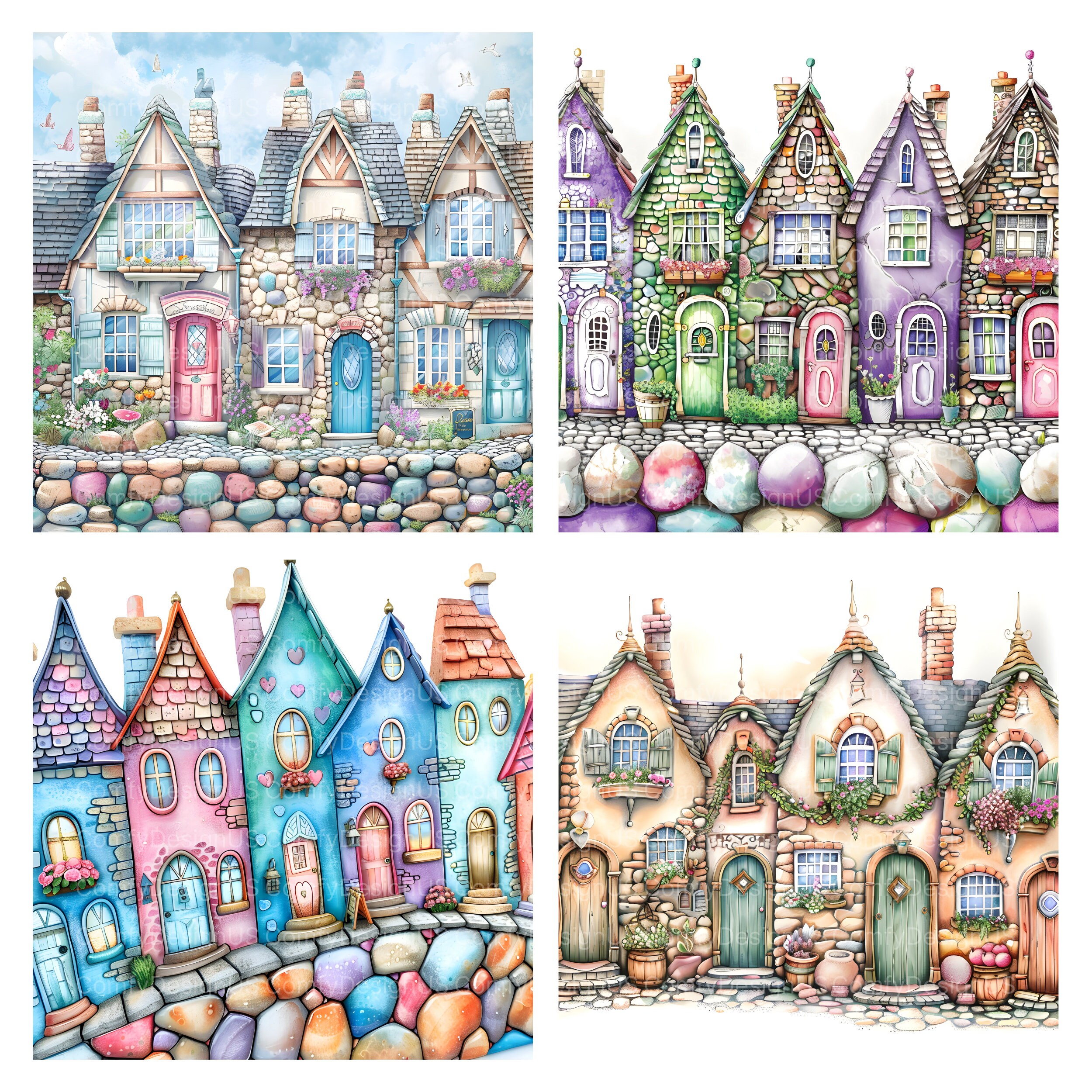 15 Stone Row Houses Clipart, Skinny Houses, Shabby Chic, Printable ...