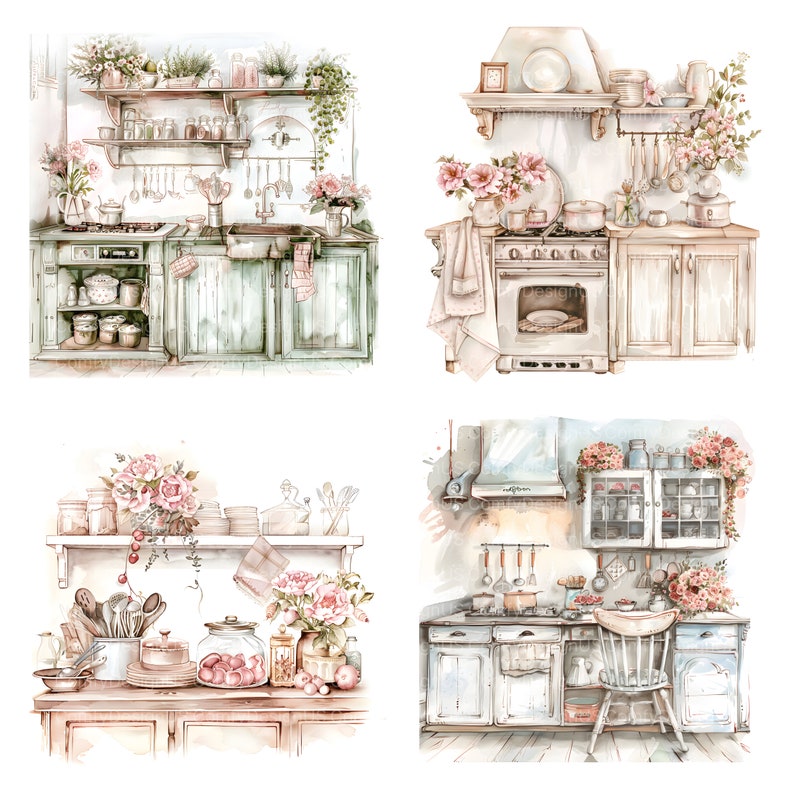 15 Vintage Floral Kitchen Clipart, Shabby Chic, Floral Kitchen ...