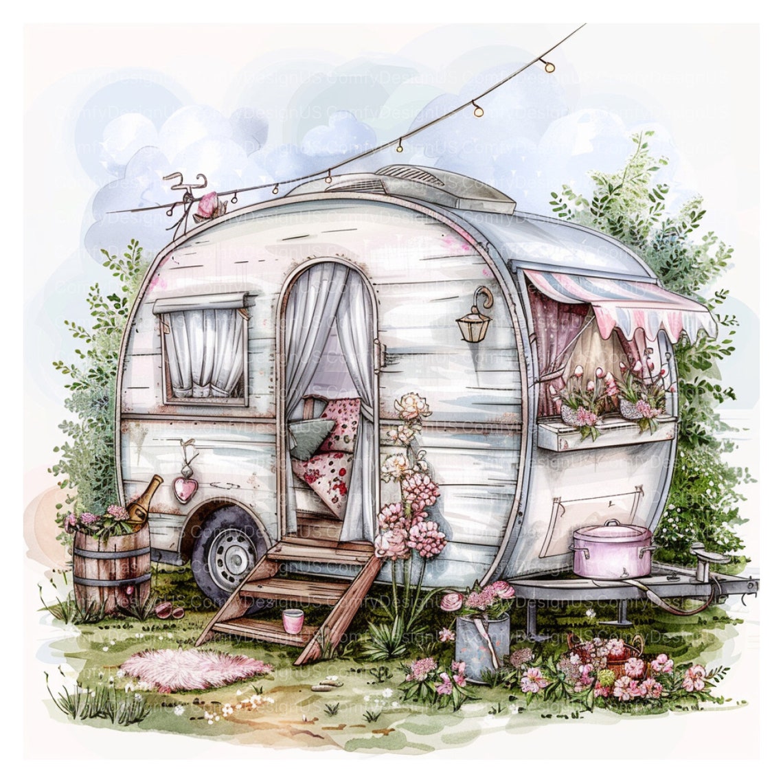 15 Whimsical Camper Clipart, Cozy Camper, Camping Clipart, Printable ...