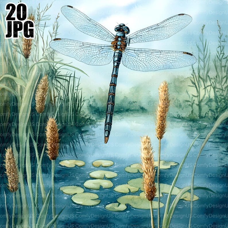 Cattails and Dragonflies Clip Art Kit, 20 High Res Watercolor Jpgs for ...