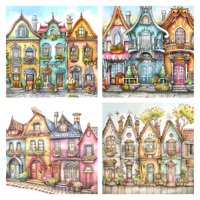 15 Row Houses Clipart, Whimsical Row Houses, Whimsical Cottage, Printable Watercolor Clipart ...