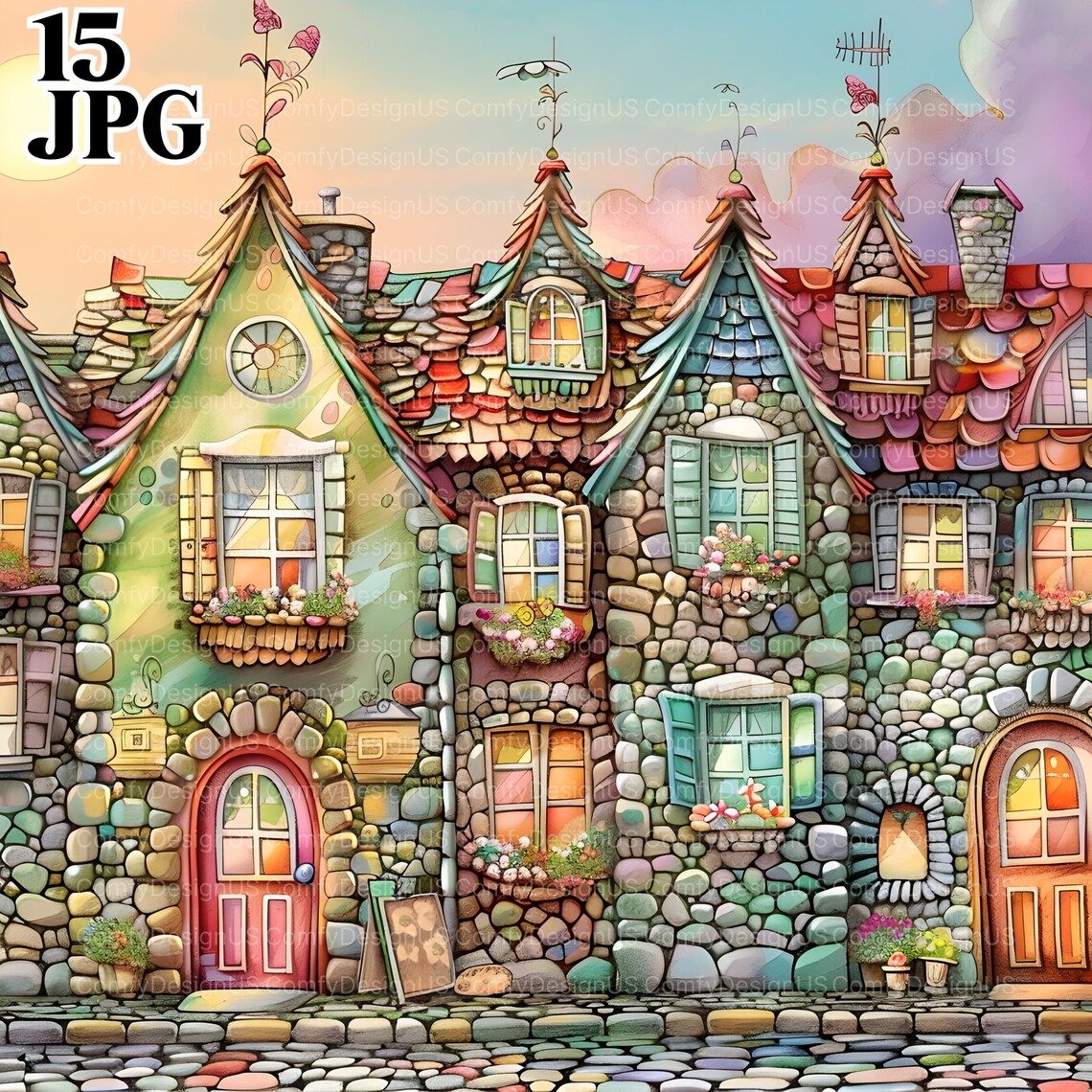 15 Stone Row Houses Clipart, Skinny Houses, Shabby Chic, Printable ...