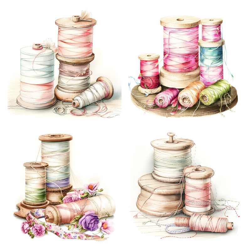 15 Vintage Spools of Thread Clipart, Floral Sewing, Floral Spool ...