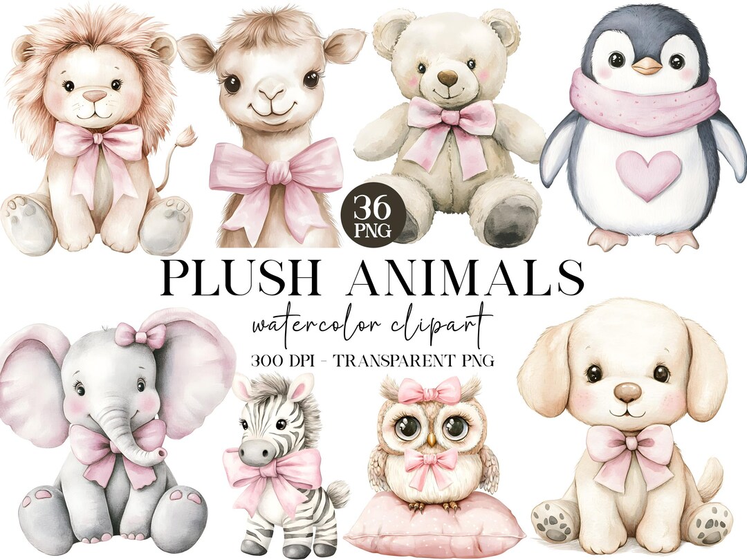 Watercolor Pink Vintage Plush Animals Clipart Bundle, Nursery Animal ...