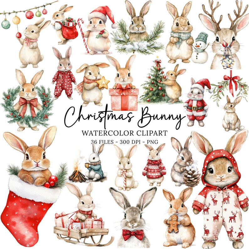 Woodland Bunny Clip Art, Watercolor Christmas Bunny PNG Clip Art ...