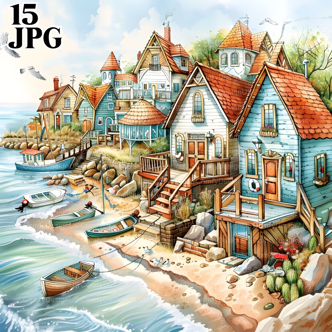 15 Seaside Cottages Clipart, Whimsical Cottage, Beach Cottage ...