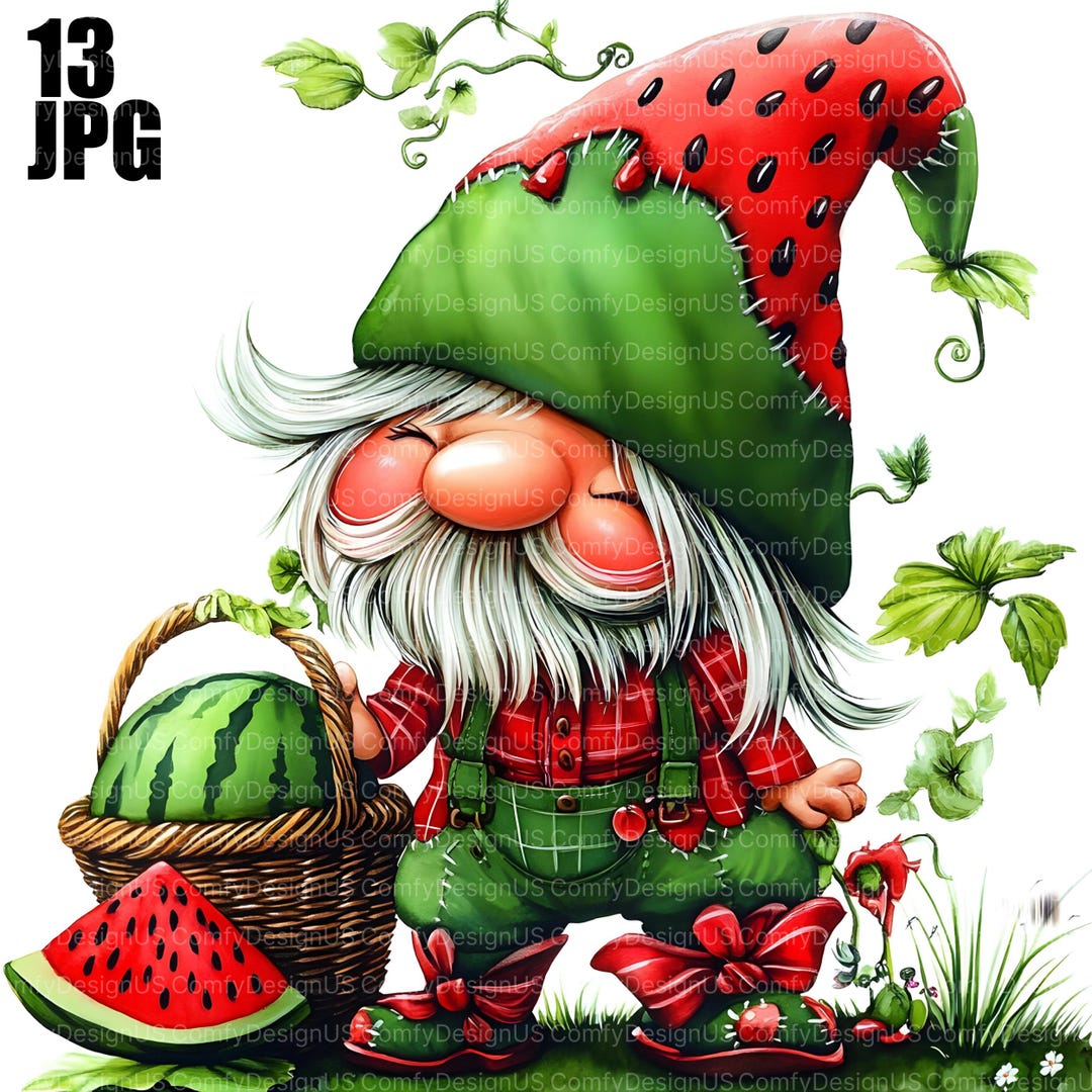 13 Sweet Watermelon Gnome Clipart, Watermelon Clipart, Watercolor Gnome ...