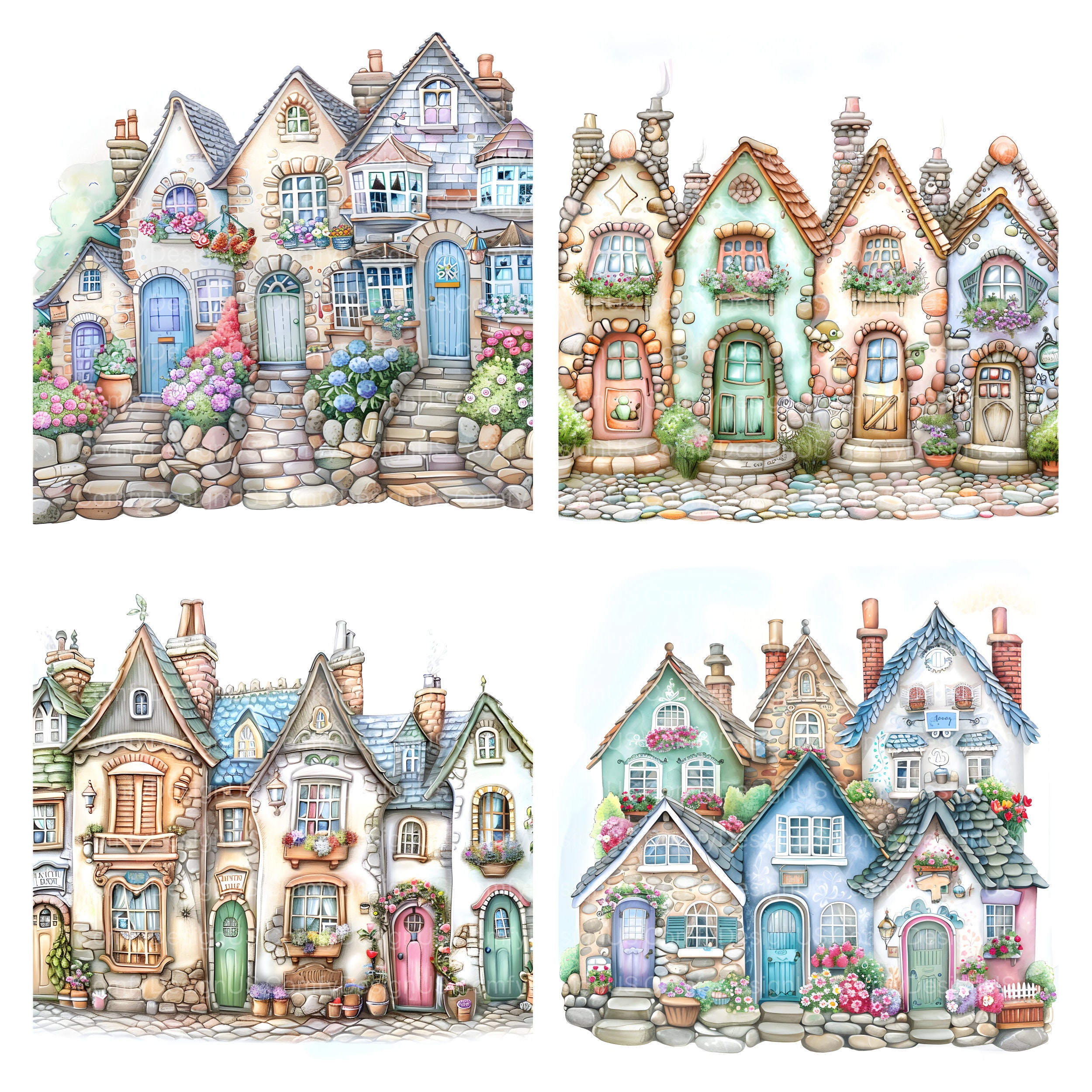 15 Stone Row Houses Clipart, Skinny Houses, Shabby Chic, Printable ...