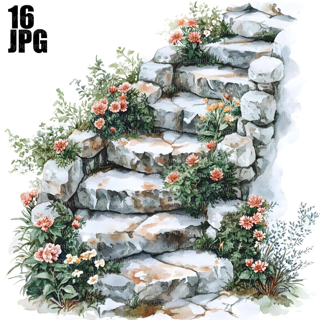 Cobble Stone Steps With Flowers Clipart Bundle, 16 High Quality Jpgs ...