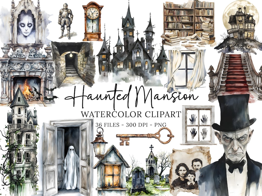 Watercolor Haunted Mansion Halloween Clipart, Spooky Creepy Gothic Clip ...