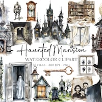 Watercolor Haunted House Clipart: Halloween Horror Images (digital ...