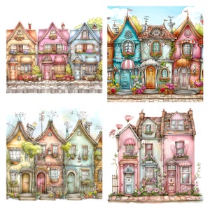 15 Row Houses Clipart, Whimsical Row Houses, Whimsical Cottage, Printable Watercolor Clipart ...