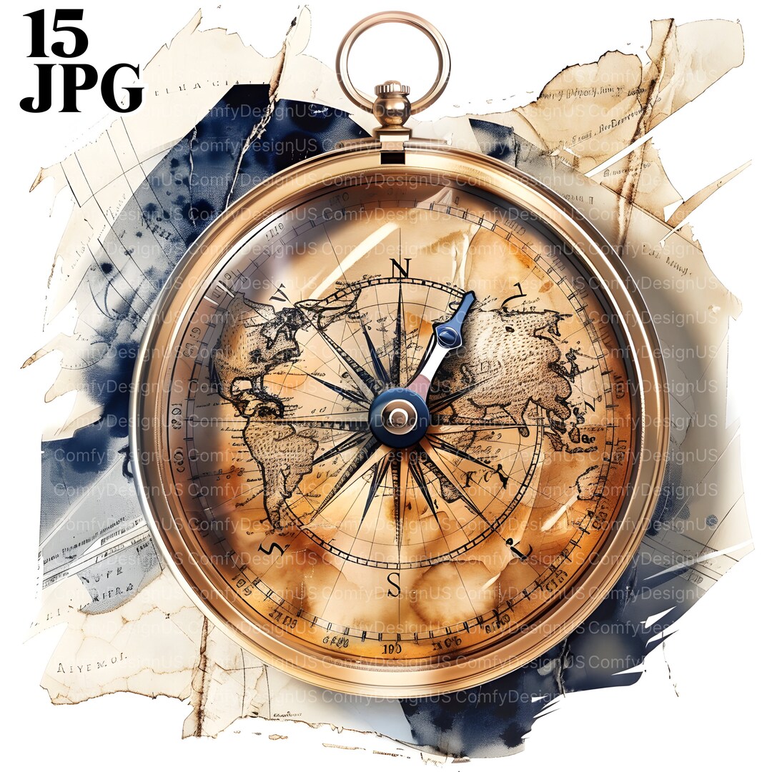 15 Old Compass Clipart, Compass With Map Clipart, Travel Clipart ...