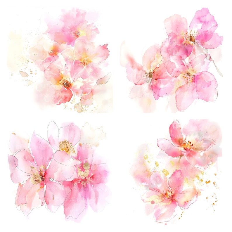15 Abstract Flowers Clipart, Pink Flower, Gold Flower, Printable ...