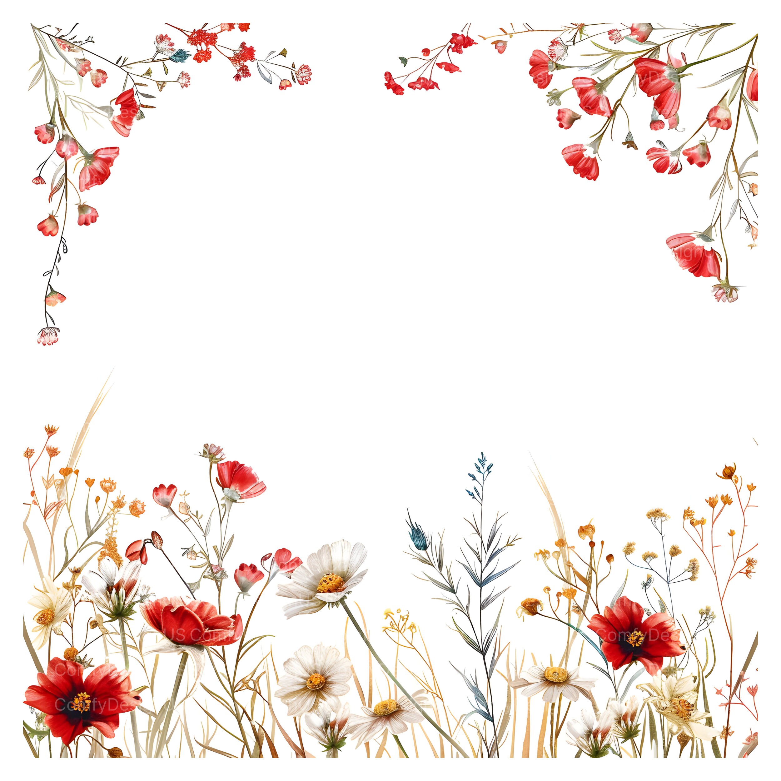 15 Floral Border, Wildflower Border, Red Wildflowers, Abstract Wildflowers, Printable Watercolor ...