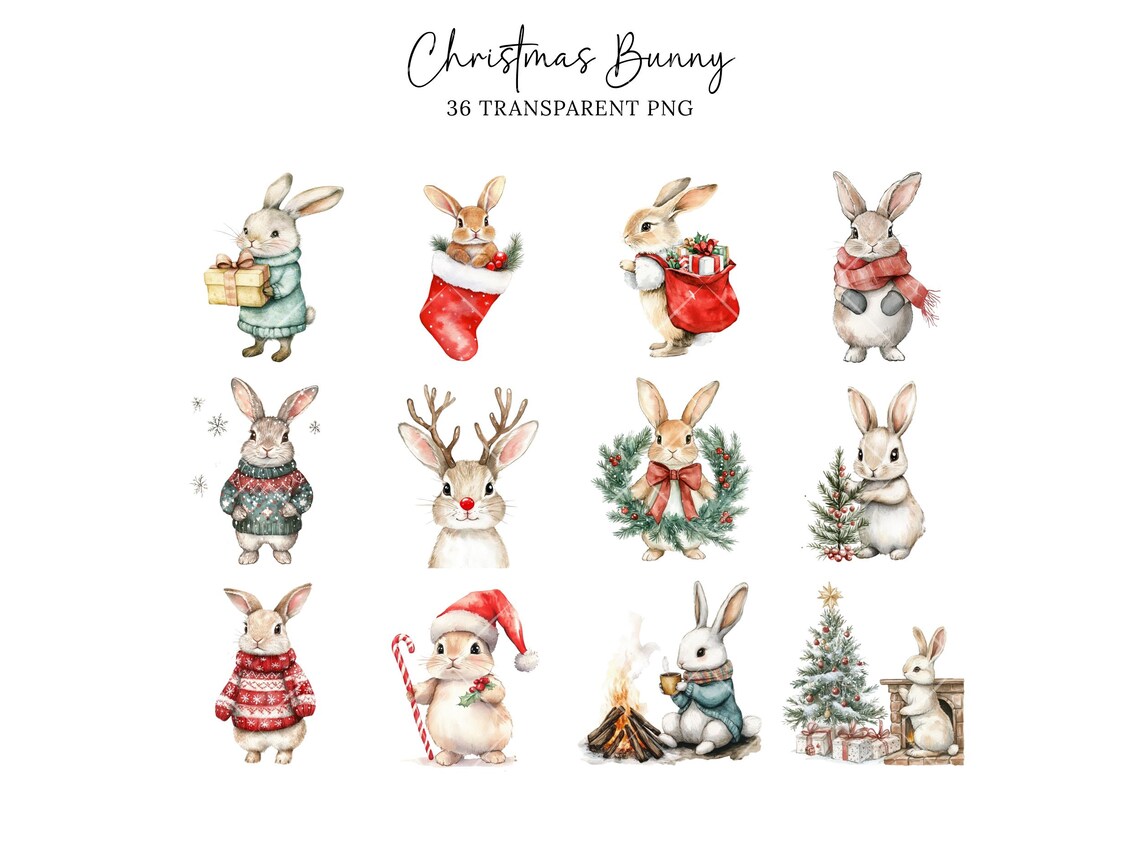 Woodland Bunny Clip Art, Watercolor Christmas Bunny PNG Clip Art ...