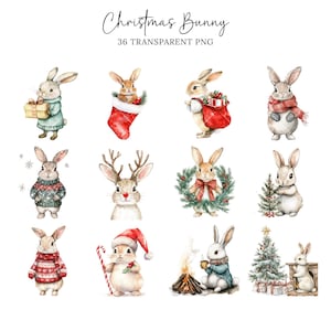 Woodland Bunny Clip Art, Watercolor Christmas Bunny PNG Clip Art ...