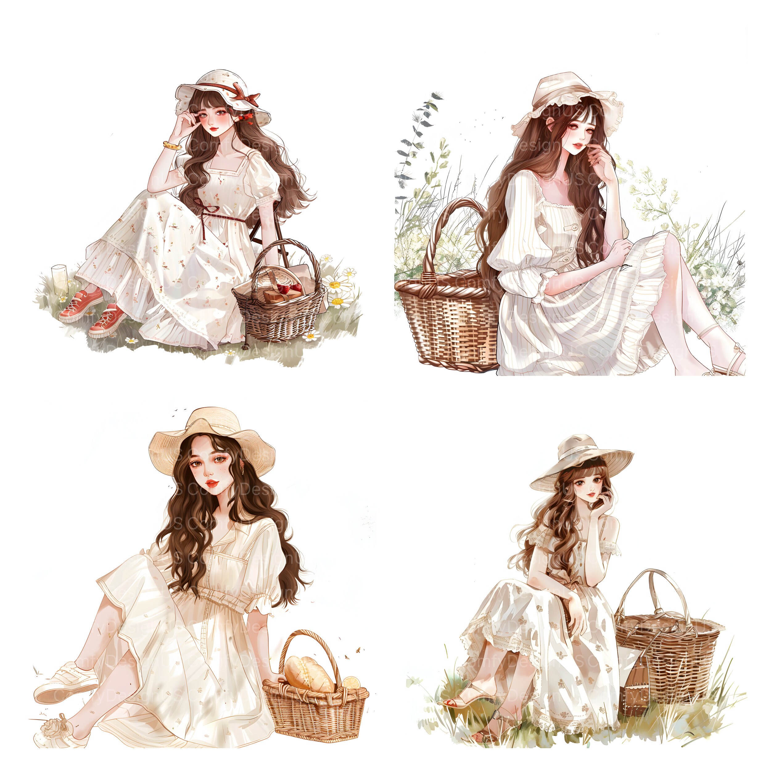 15 Spring Cottagecore Girl Clipart Bundle, Countryside Picnic Clipart ...