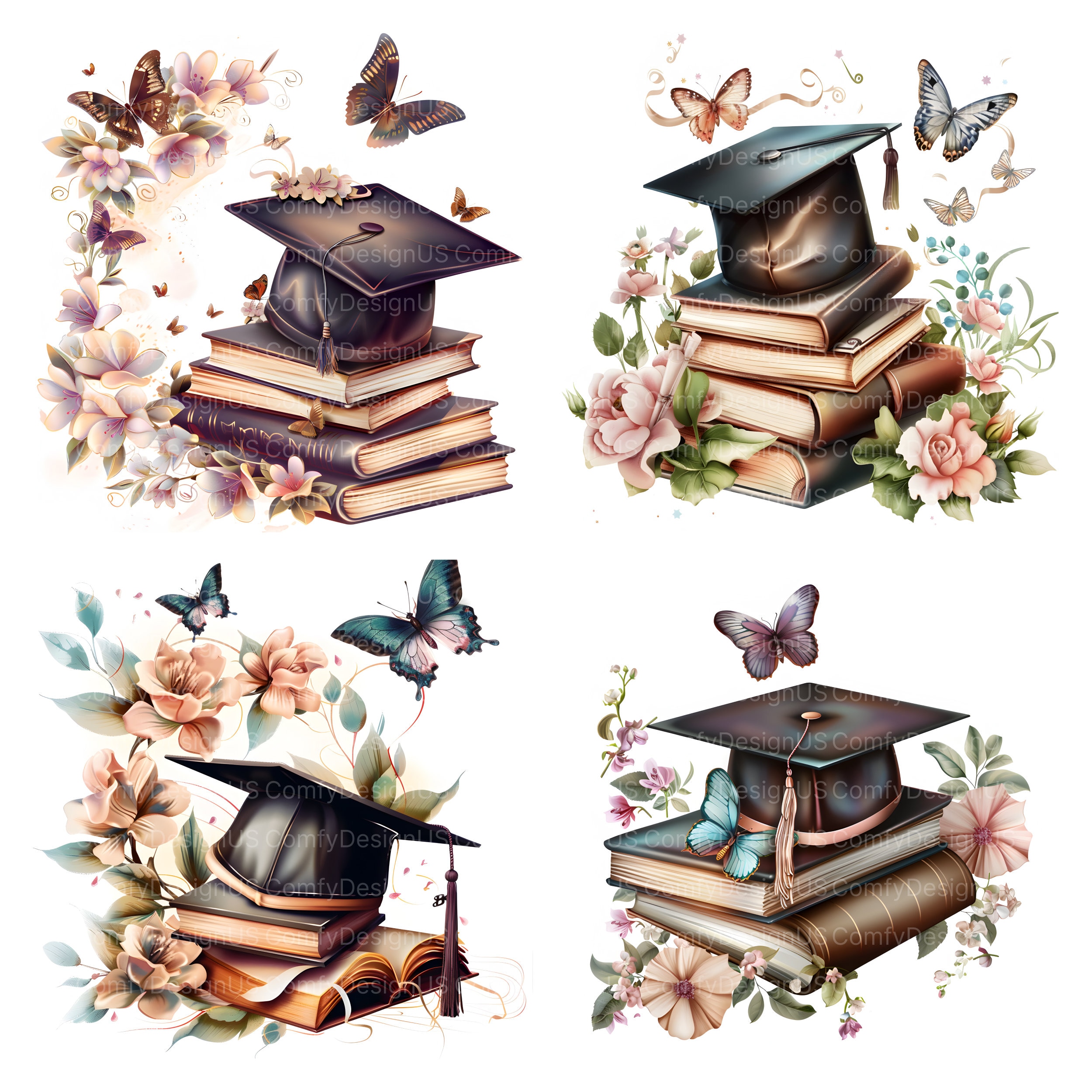 15 Graduation Caps, Diploma Clipart, Grad, Printable Watercolor Clipart ...