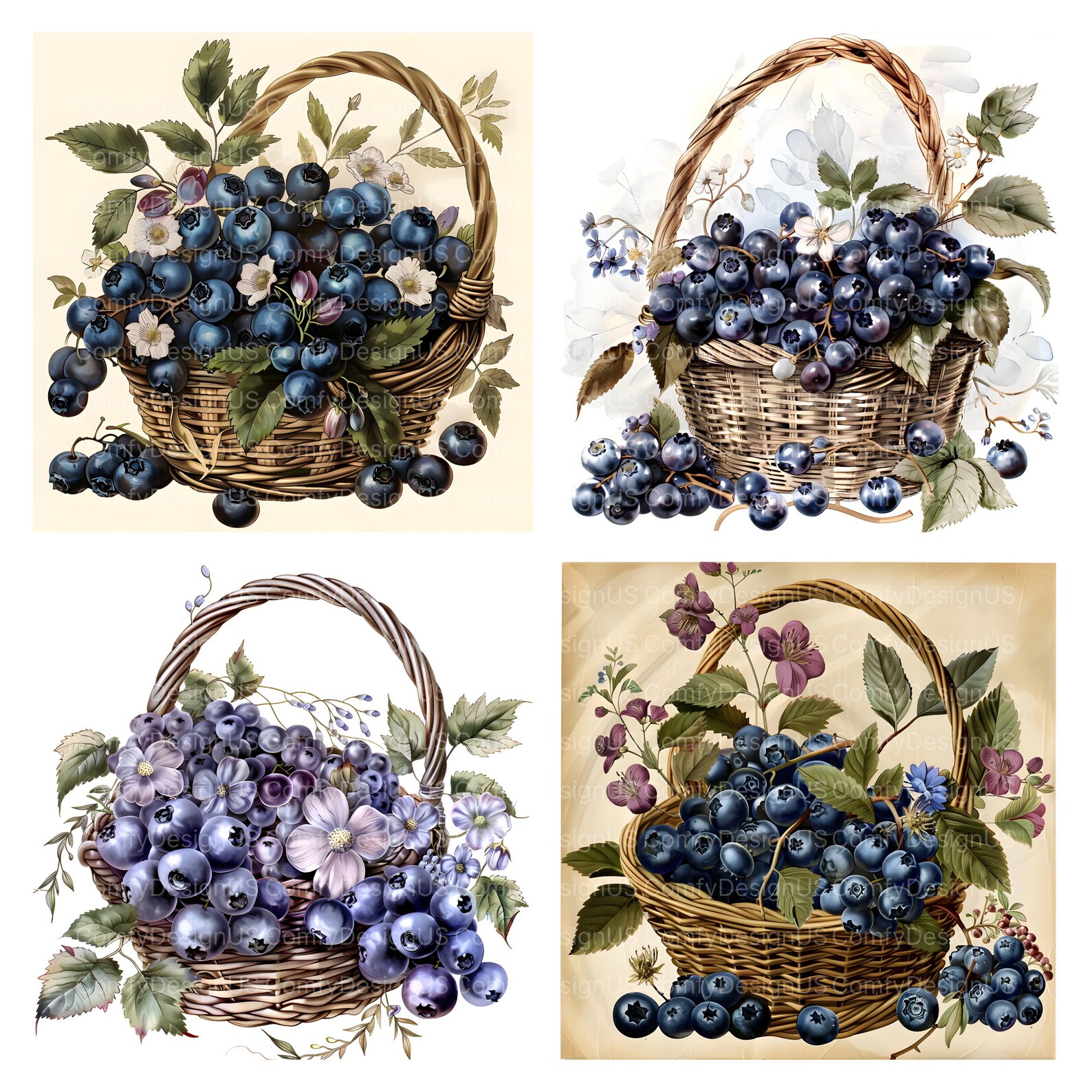 15 Basket of Blueberries Clipart, Farmhouse Blueberry, Shabby Chic ...