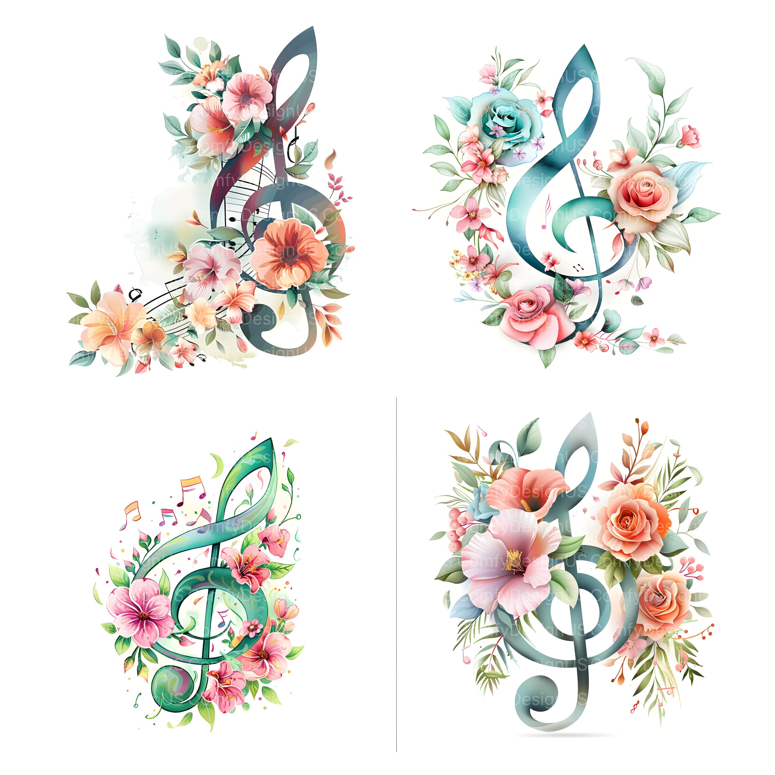 15 Floral Music Notes Clipart, Music Wall Art, Music Notation ...