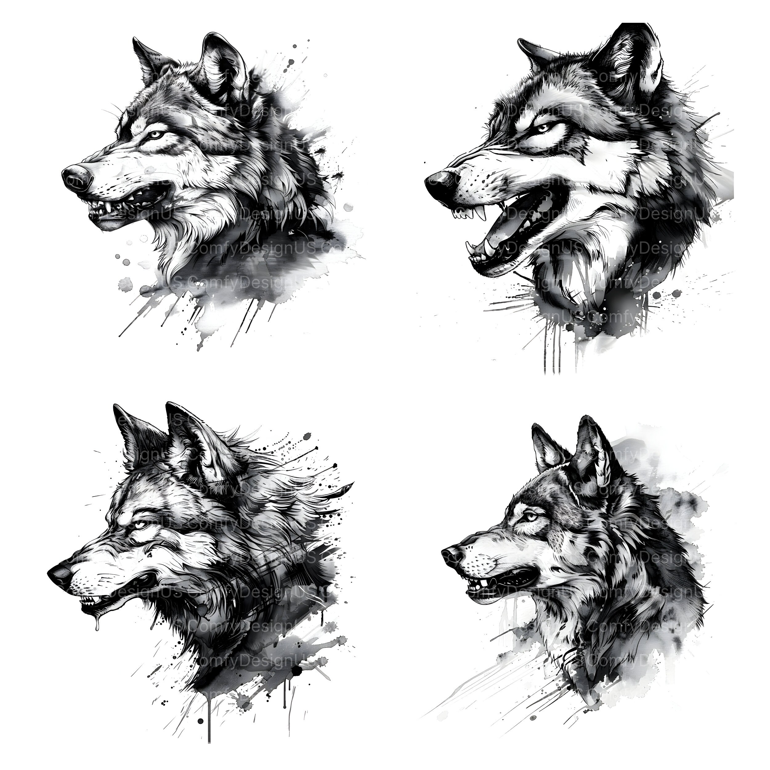 15 Tribal Wolf Clipart, Black and White Wolf, Wolf Sketches, Printable Watercolor Clipart, High ...