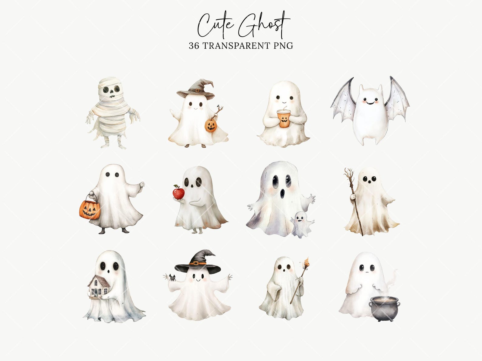 Cute Ghost Watercolor Clipart, Cute Halloween, Kids Halloween, Cartoon ...