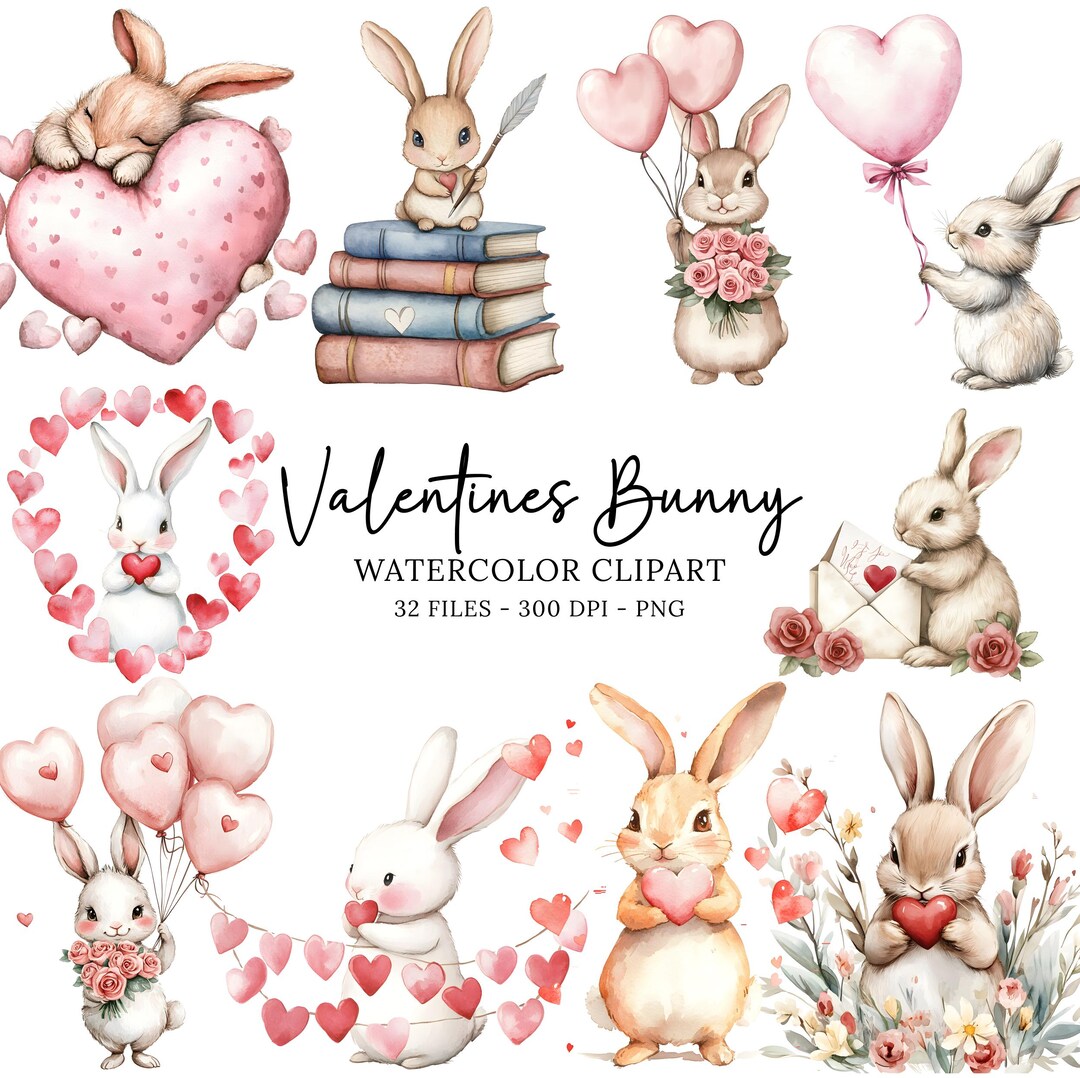 Valentines Bunny Clipart Bundle, Valentines Clipart, Valentines PNG ...