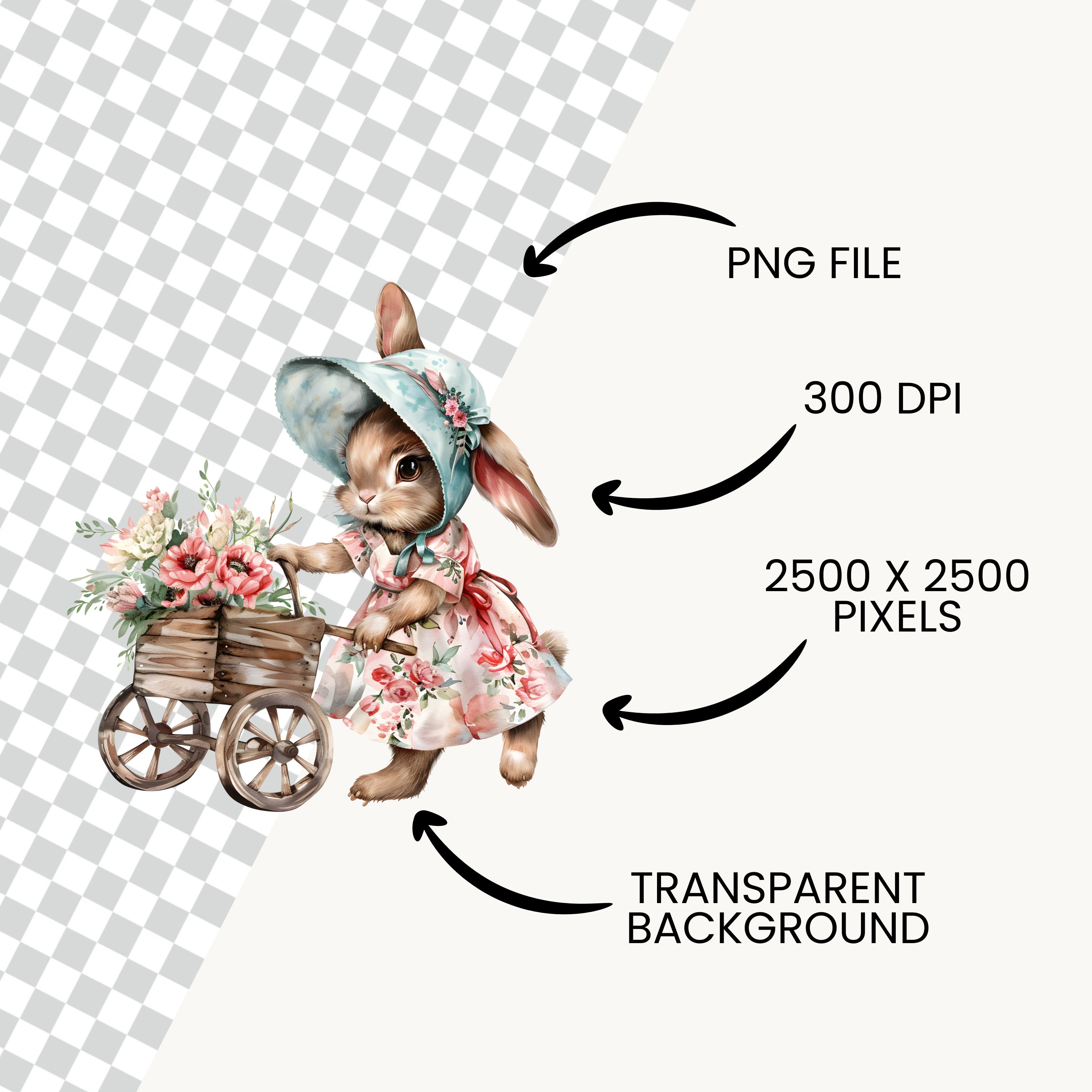 15 Adorable Little Bunny in Dress With Flowers Clipart, Rabbit Clipart ...