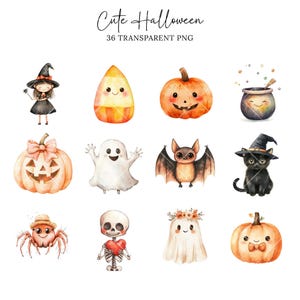 Watercolor Cute Halloween Clipart Bundle, Pastel Spooky Clip Art ...