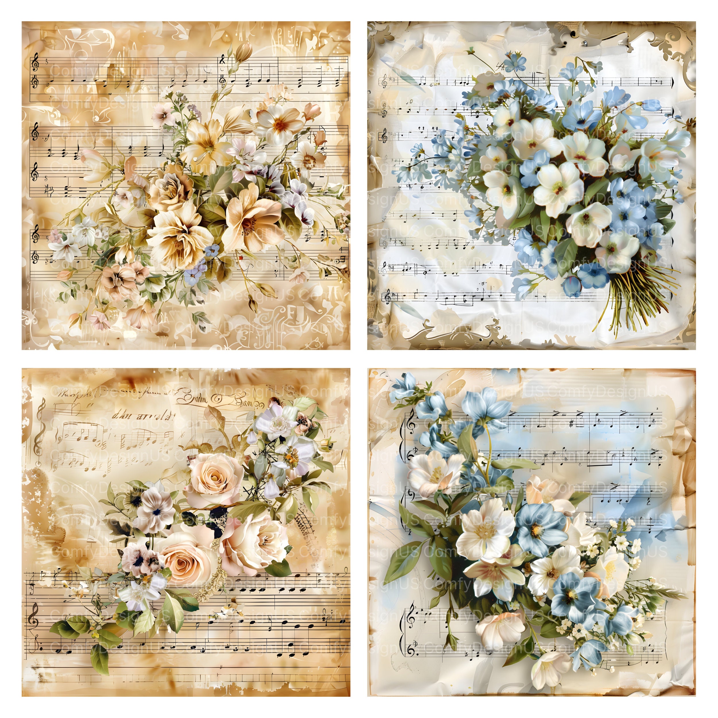 15 Vintage Music Sheet With Flowers Clipart, Aged Music Sheet, Musical ...