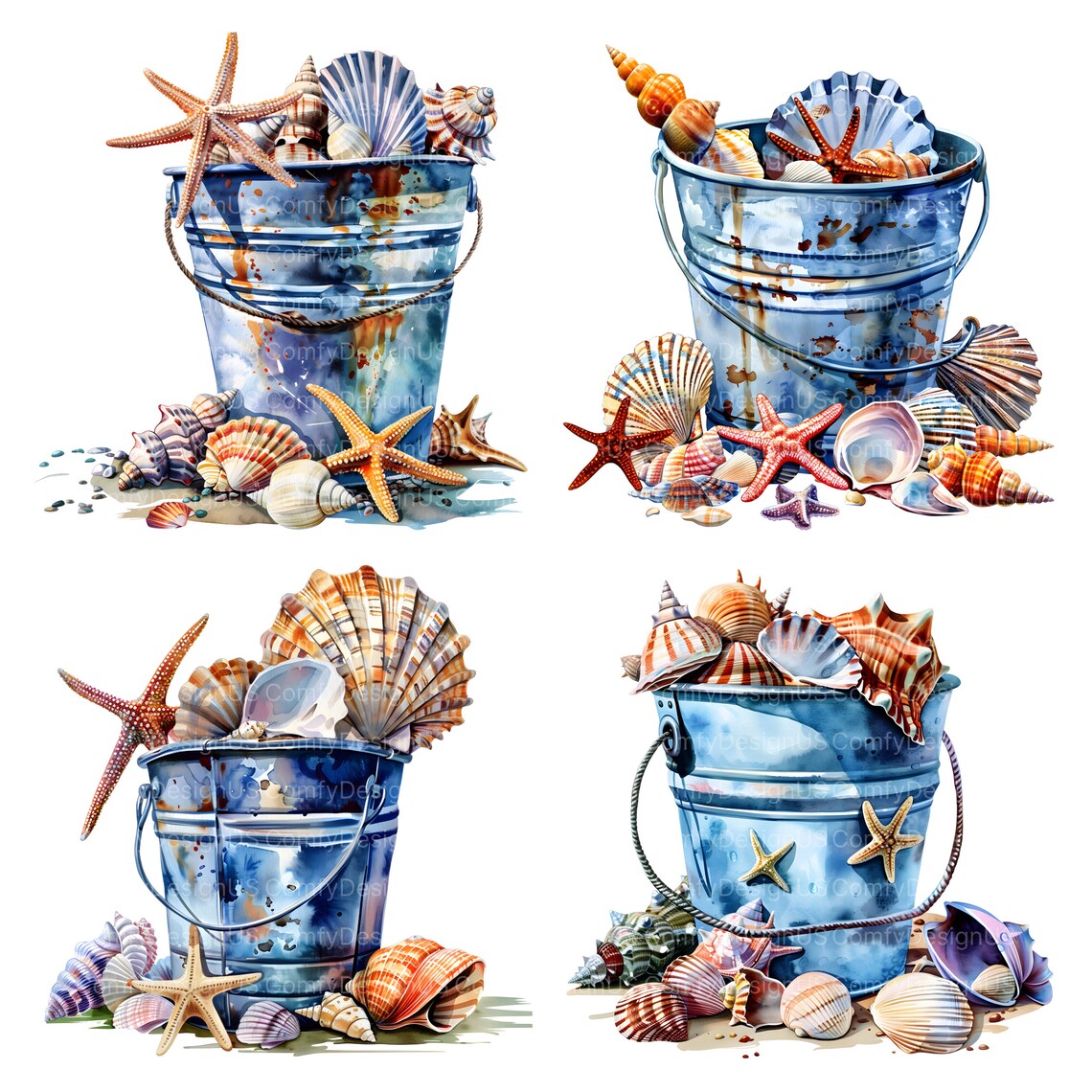 Seashells in a Bucket Clipart Bundle, Summer Sea Art, Bucket Clipart ...