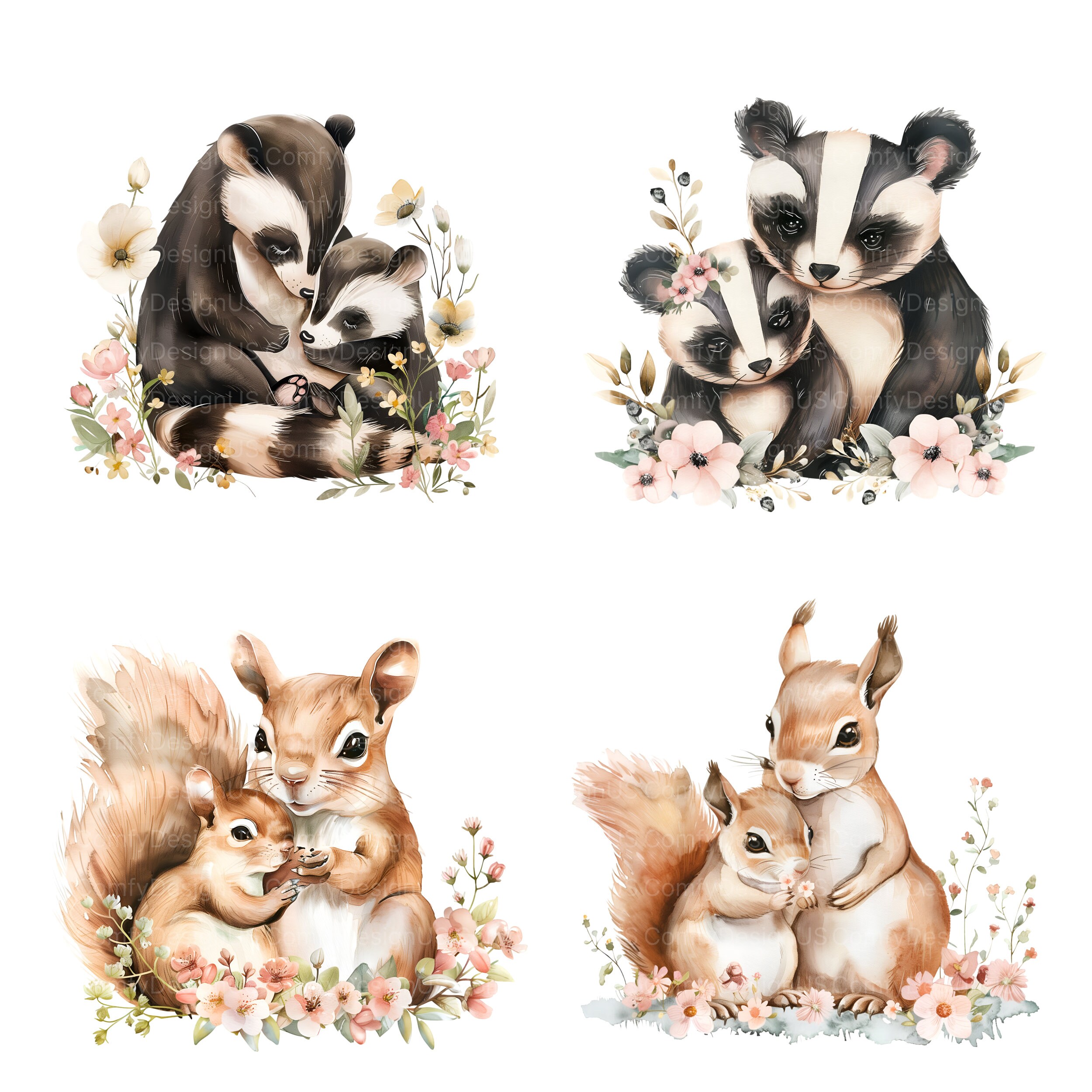 Watercolor Mama and Baby Animal Clipart, Baby Animals PNG, Cute Animal ...