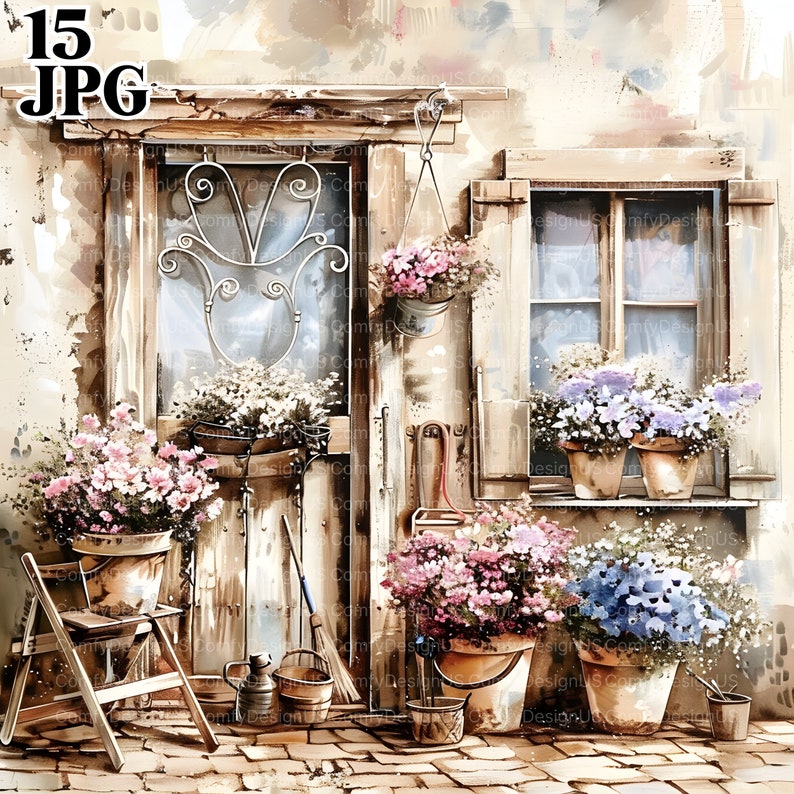 15 Garden Clipart, Shabby Chic Garden, Vintage Flower Shop, Printable ...