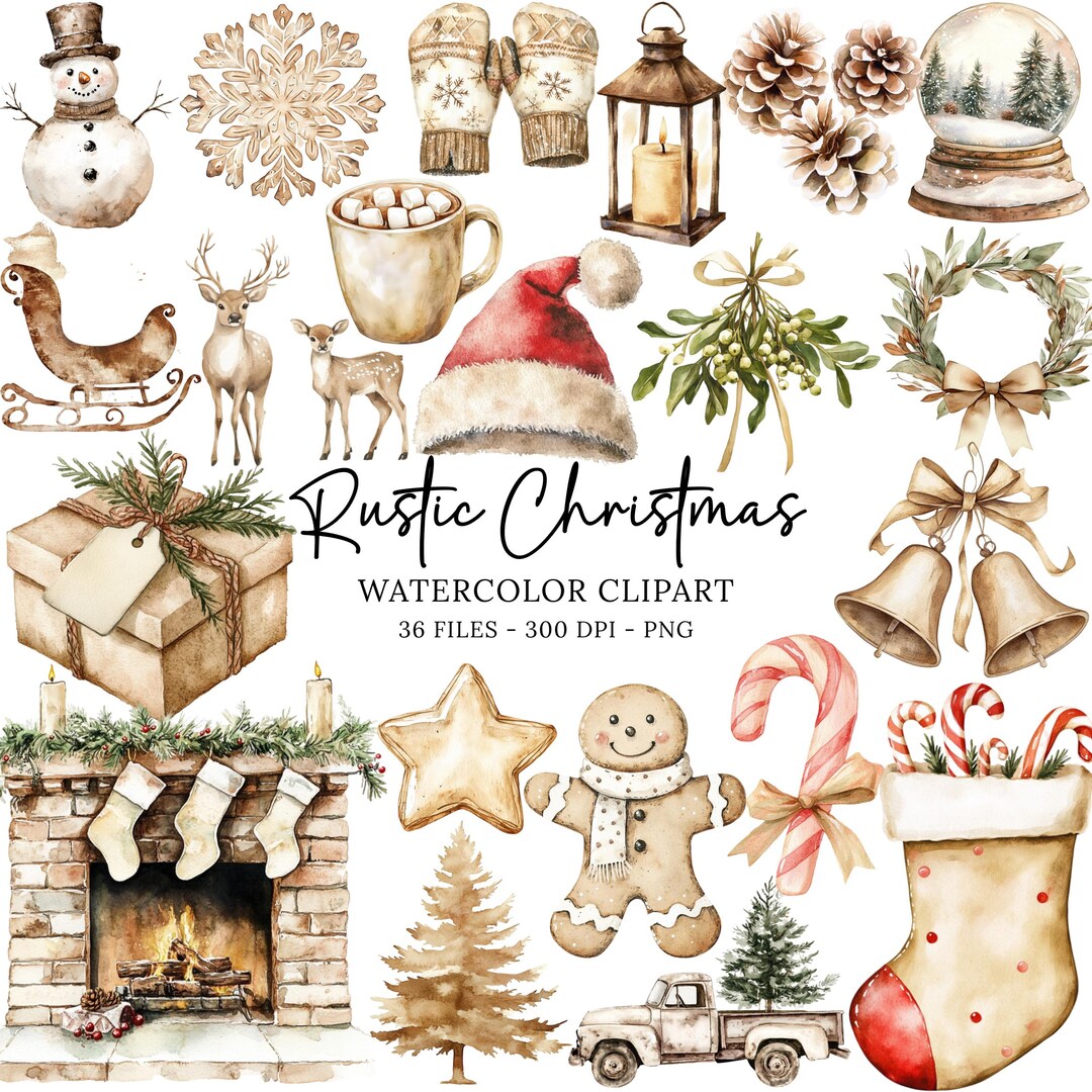 Watercolor Rustic Christmas Clipart, Christmas Tree Clipart, Boho ...