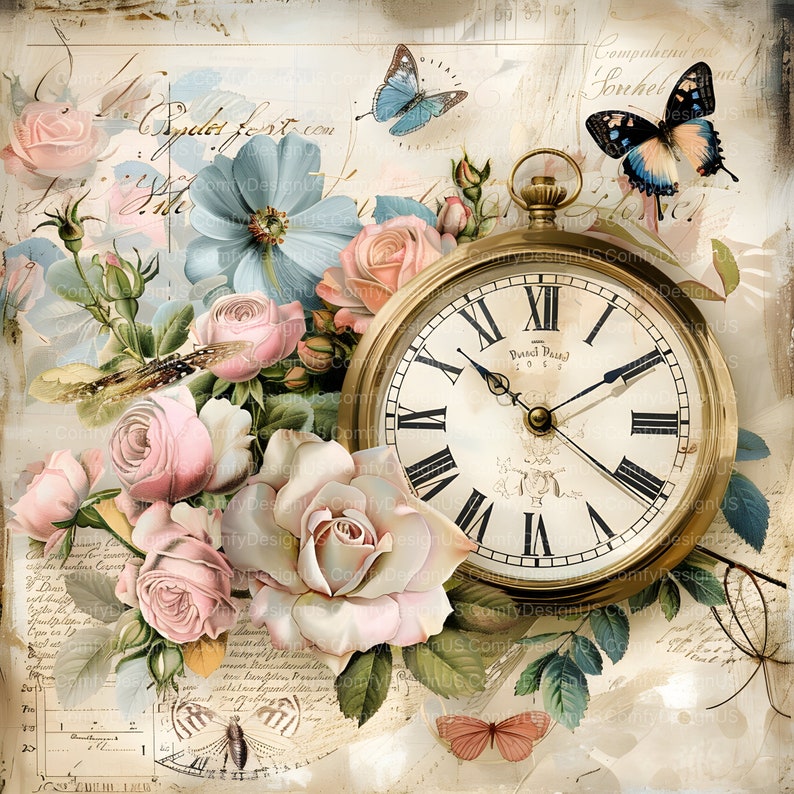 15 Floral Clock Clipart, Vintage Paper Clipart, Shabby Chic, Printable ...