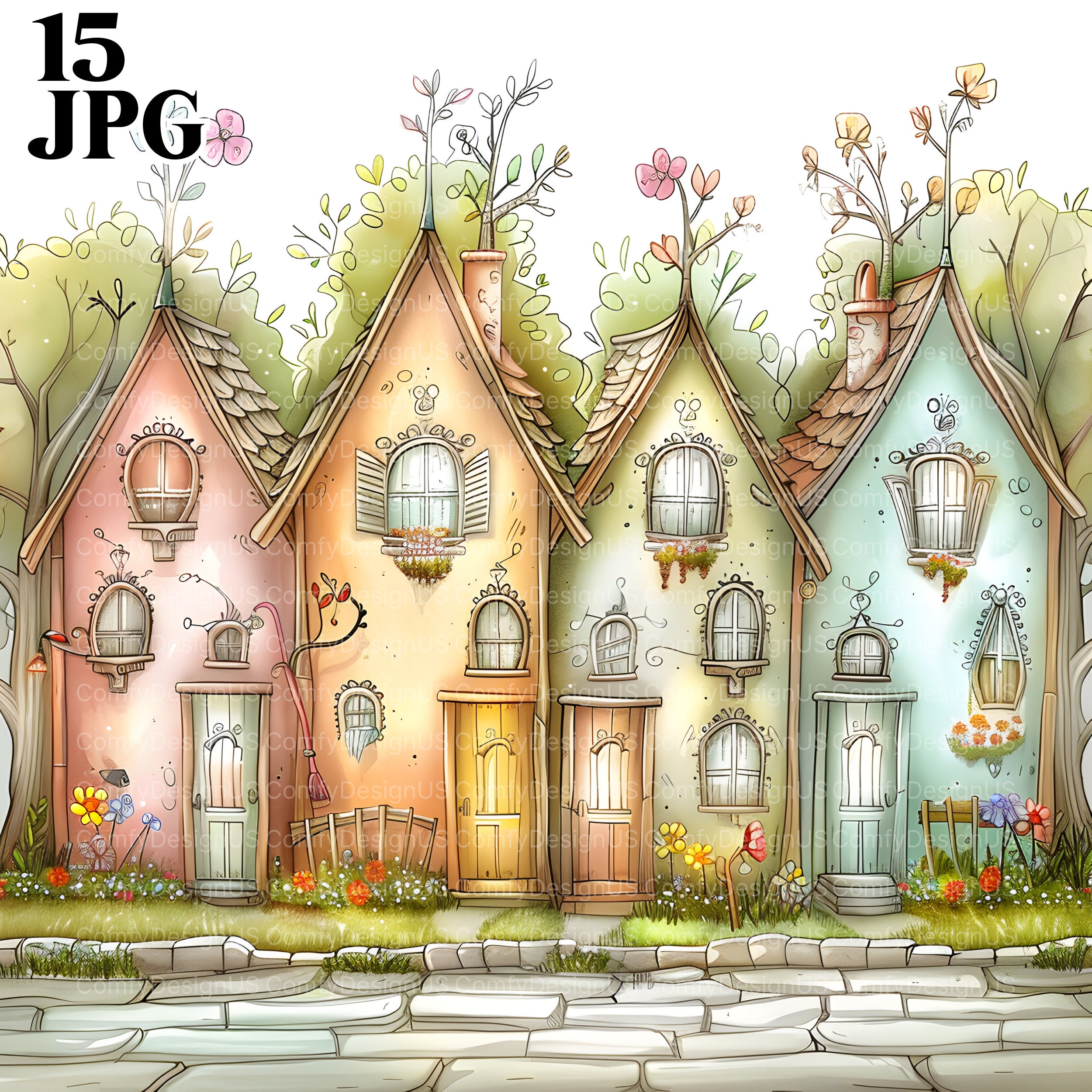 15 Row Houses Clipart, Whimsical Row Houses, Whimsical Cottage, Printable Watercolor Clipart ...