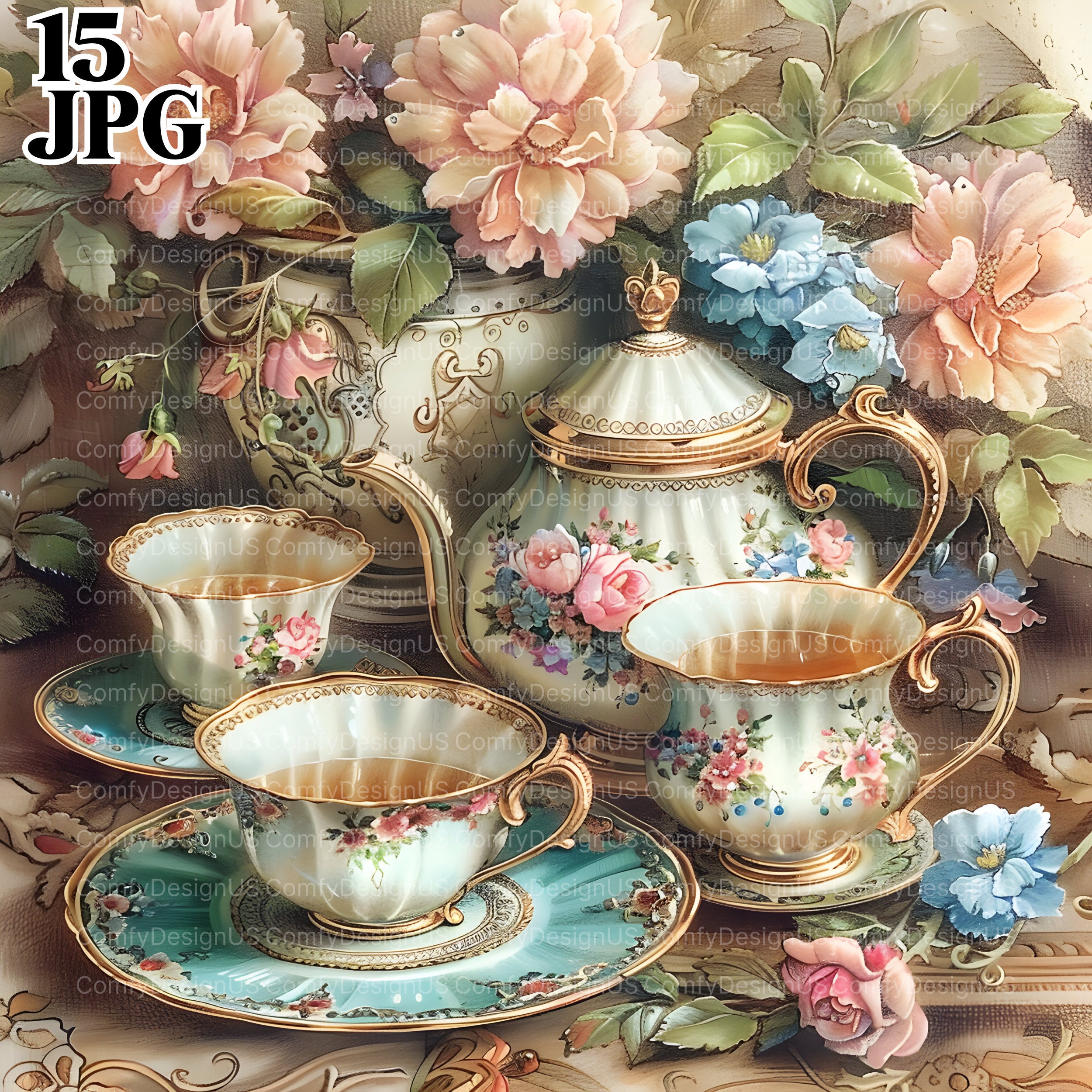 15 Vintage Tea Set Clipart, Victorian Tea Set, Shabby Chic Tea ...