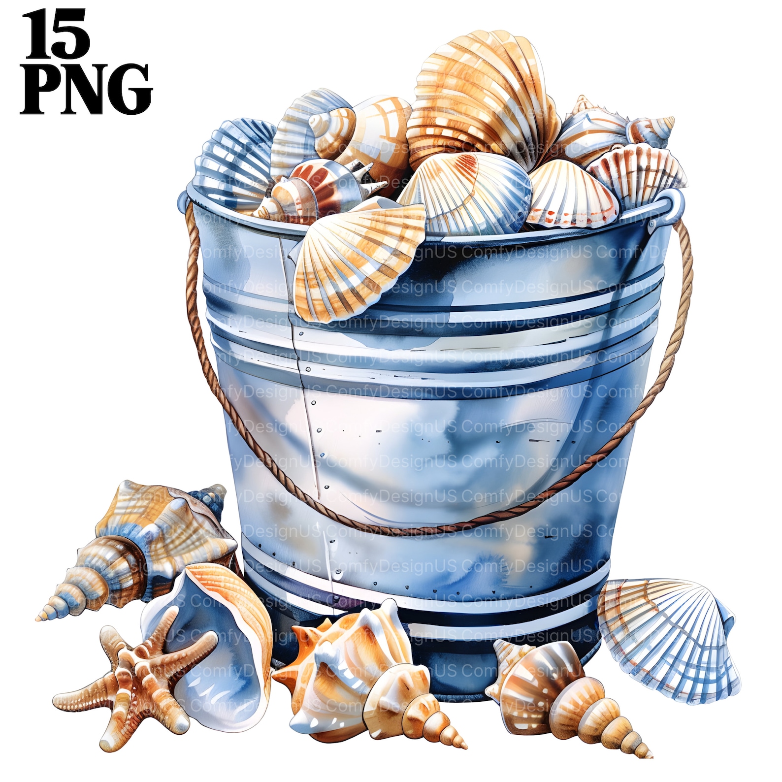 Seashells in a Bucket Clipart Bundle, Summer Sea Art, Bucket Clipart ...