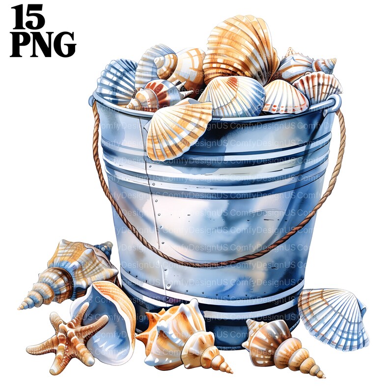 Seashells in a Bucket Clipart Bundle, Summer Sea Art, Bucket Clipart ...