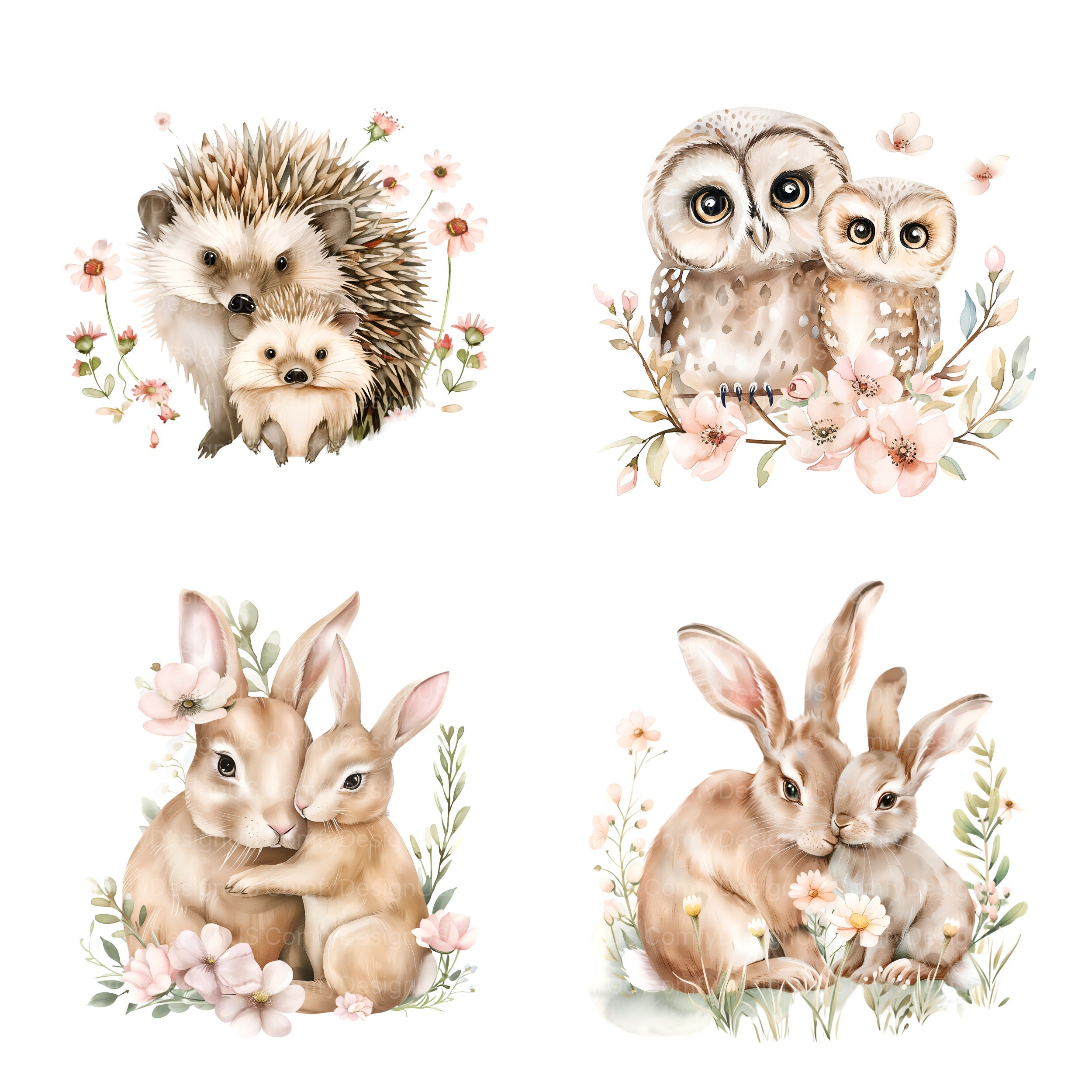 Watercolor Mama and Baby Animal Clipart, Baby Animals PNG, Cute Animal ...