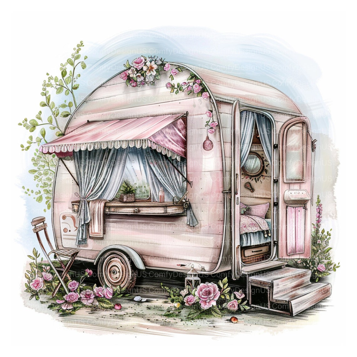 15 Whimsical Camper Clipart, Cozy Camper, Camping Clipart, Printable ...