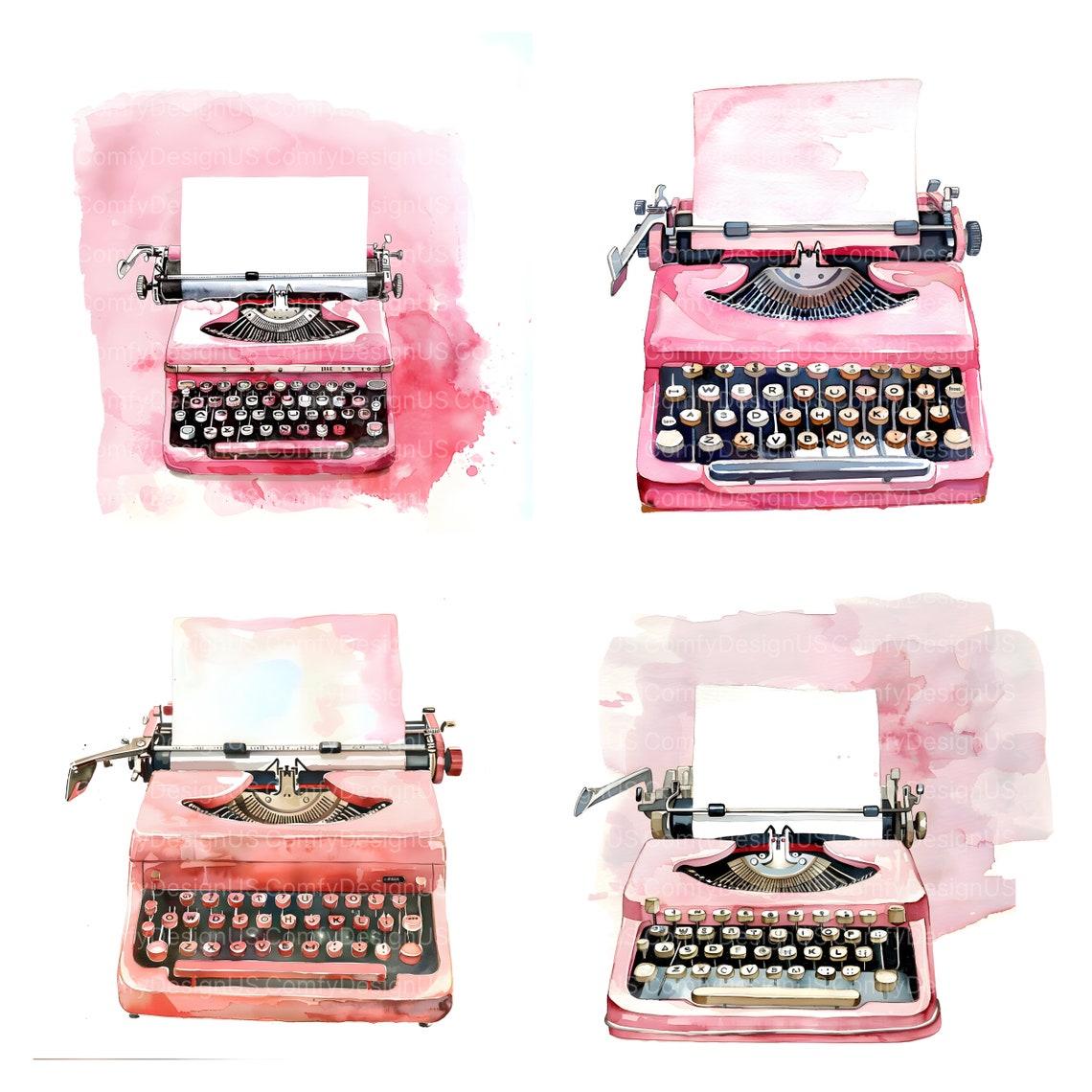 15 Vintage Typewriter Clipart, Pink Typewriter, Printable Watercolor ...