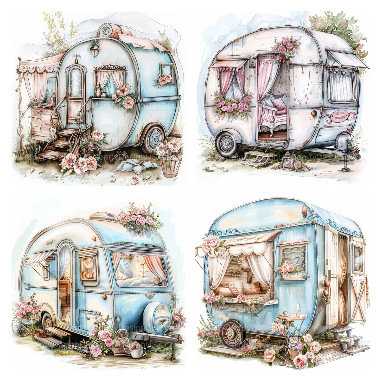 15 Whimsical Camper Clipart, Cozy Camper, Camping Clipart, Printable ...