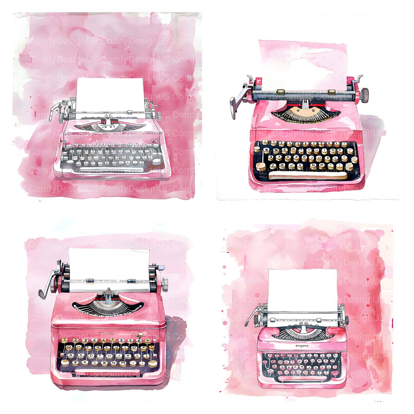 15 Vintage Typewriter Clipart, Pink Typewriter, Printable Watercolor ...