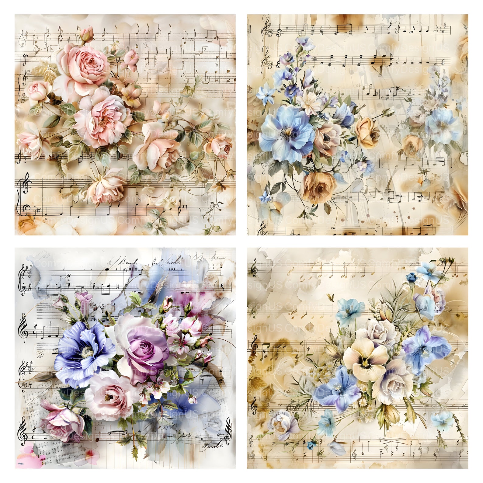 15 Vintage Music Sheet With Flowers Clipart, Aged Music Sheet, Musical ...