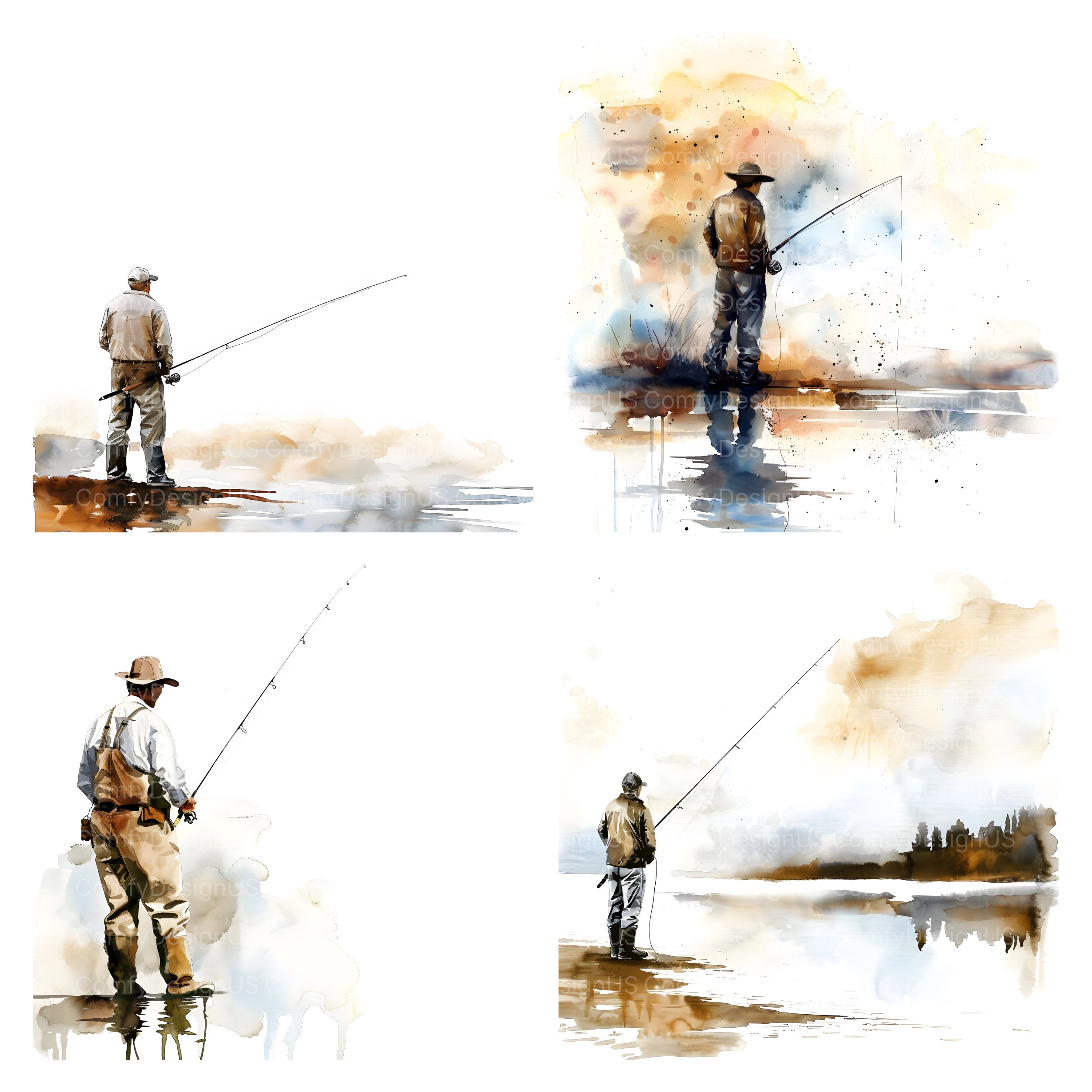15 Man Fishing Clipart, Lake Fishing Landscape, Fisherman Clipart, Fly ...