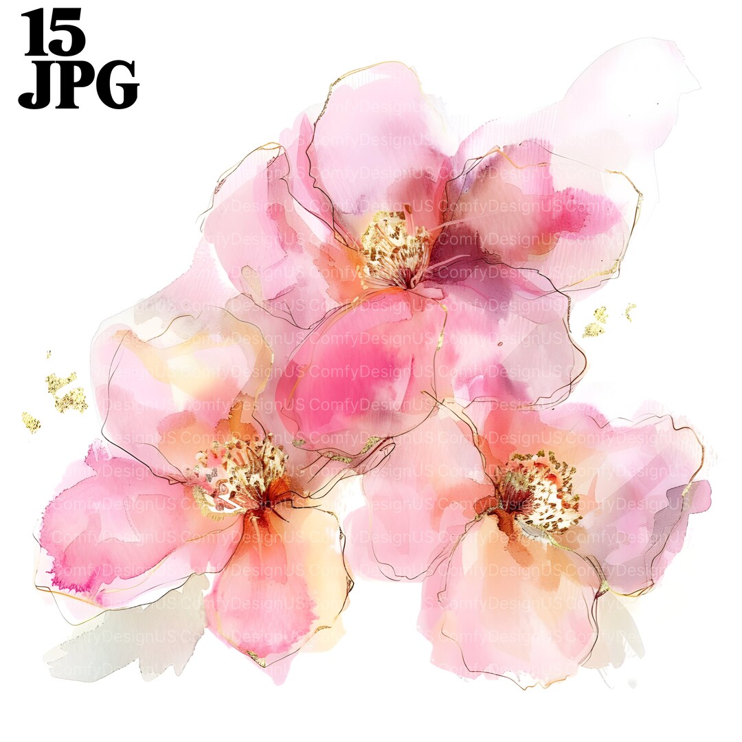 15 Abstract Flowers Clipart, Pink Flower, Gold Flower, Printable ...