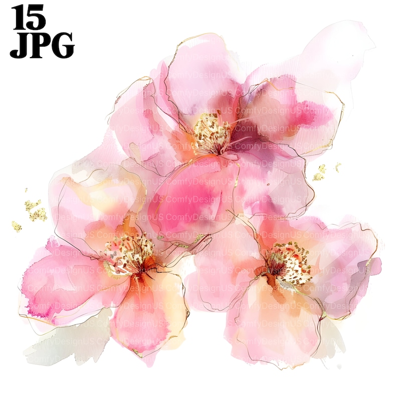 15 Abstract Flowers Clipart, Pink Flower, Gold Flower, Printable ...